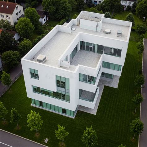 Modern White Building With A Geometric Angular Design Featuring Large