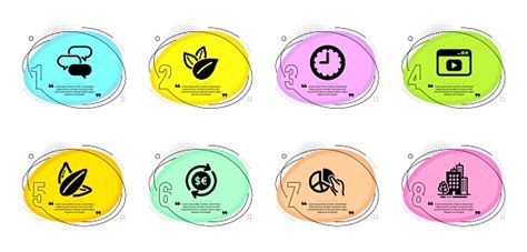 건물 토크 버블 및 돈 통화 아이콘 세트 유기적 제품 비디오 콘텐츠 및 원형 차트 표지판 벡터 고층 건물에 대한 스톡 벡터 아트