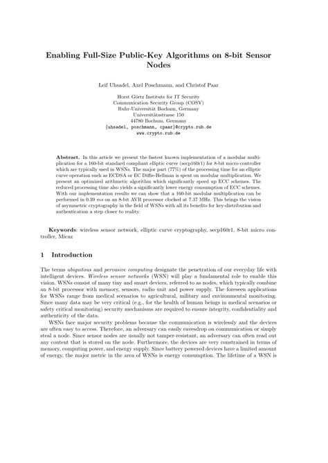 Pdf Enabling Full Size Public Key Algorithms On 8 Bit Sensor Nodes