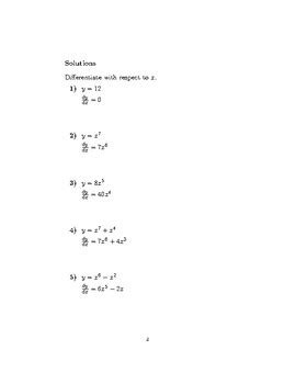 Differentiation Power Constant And Sum Rule Worksheet With Solutions