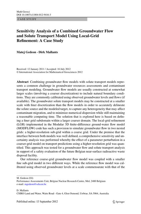 Pdf Sensitivity Analysis Of A Combined Groundwater Flow And Solute