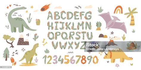 귀여운 아기 공룡 세트 재미있는 만화 공룡 알파벳과 숫자 손으로 그린 벡터 아이 디자인 보육실 클립 아트 스칸디나비아 스타일의 인쇄물 개념 생일 카드 포스터 티셔츠 0명에