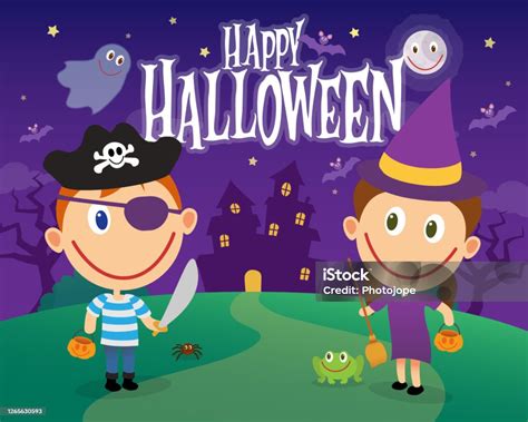 만화 소년과 소녀는 할로윈 밤에 해적과 마녀로 옷을 입고 벡터 일러스트 엽서 귀여운에 대한 스톡 벡터 아트 및 기타 이미지 귀여운 등장인물 마녀 Istock