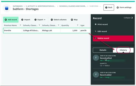 View The History Of A Record Added To A Subform ActivityInfo Information Management Software
