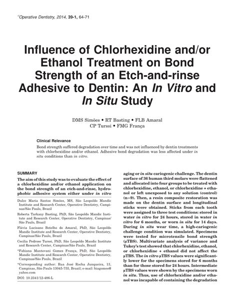 Pdf Influence Of Chlorhexidine And Or Ethanol Treatment On Bond Strength Of An Etch And Rinse