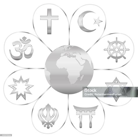 세계 종교 연합 지구 센터에서와 실버 꽃에 주요 종교 단체와 종교의 서명 한다입니다 기독교 이슬람교 힌두교 불교 도교 신도 시크교 유대교 공동체에 대한 스톡 벡터 아트 및