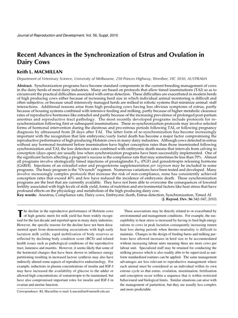 Pdf Recent Advances In The Synchronization Of Estrus And Ovulation In Dairy Cows