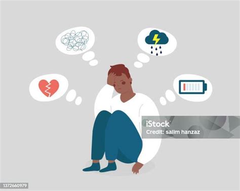 바닥에 앉아 슬픈 흑인 남자 정신 질환 증상을 가진 사춘기 남성 불안 상한 마음 스트레스와 우울증을 가진 어린 소년 벡터 스톡 피곤한에 대한 스톡 벡터 아트 및 기타 이미지