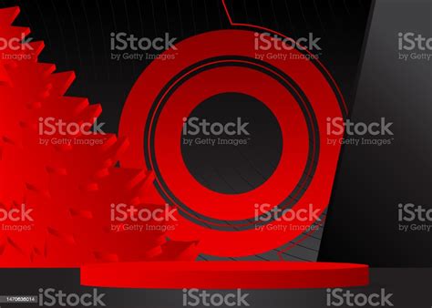 검은 색과 빨간색 받침대 연단 프레젠테이션을 위한 미래 무대 쇼케이스 공상 과학 최소 모형 제품 디스플레이 추상적인 기하학적 형태 빈 장면 0명에 대한 스톡 벡터 아트 및