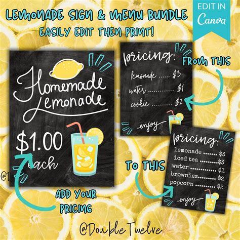 Lemonade Stand Poster And Pricing Sign Bundle Editable Canva Template