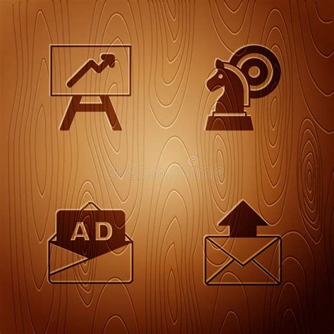 Set Mail And E Mail Board With Graph Chart Advertising And Chess On Wooden Background Vector