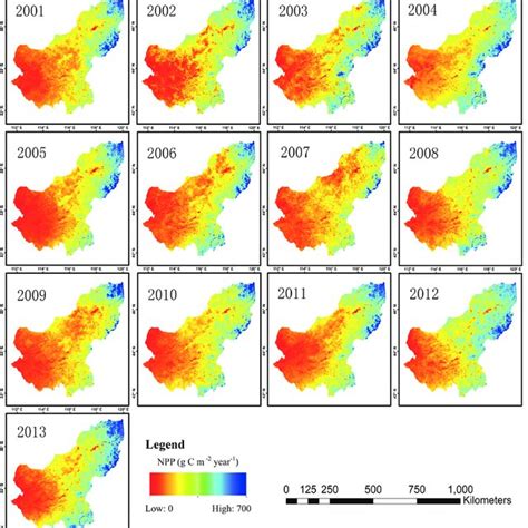 Spatial Distribution Of The Annual Total Npp Between 2001 And 2013 Download Scientific Diagram
