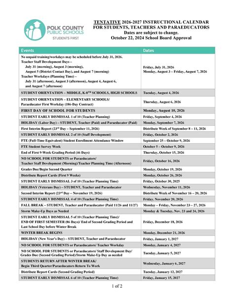 2026 2027 Polk County School Calendar Public Charter Private