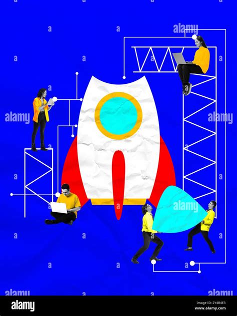 Contemporary Art Collage Team Assembles Pieces Of Rocket Symbolizing Collaborative Process Of
