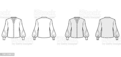 긴 비숍 슬리브 프론트 버튼 패스닝 루즈 한 실루엣을 갖춘 스탠드 칼라 셔츠 테크니컬 패션 일러스트 0명에 대한 스톡 벡터 아트