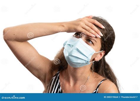 Woman Touching Forehead Fever Covid Symptom Concept With Mask Stock Photo Image Of Covering