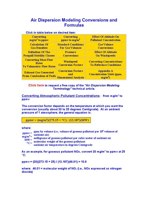 Air Dispersion Modeling Conversions And Formulas Pdf Parts Per Notation Pressure