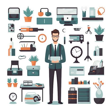 Premium Vector A Poster Of A Man Standing In Front Of A Desk With A