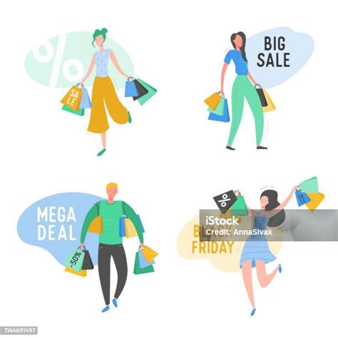 쇼핑 백과 선물을 가진 사람들의 집합입니다 남자와 여자 캐릭터 큰 판매 할인 및 광고 배너 벡터에서 프로모션 포스터 개념 일러스트 가방에 대한 스톡 벡터 아트 및 기타