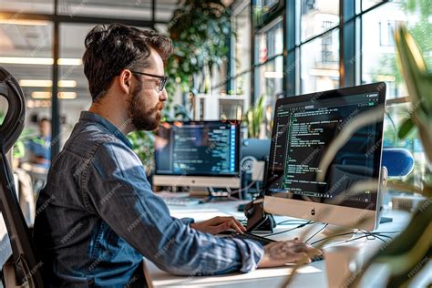 A Man Sitting At A Desk Using A Computer Premium Ai Generated Image