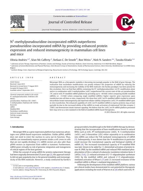 Pdf N1 Methylpseudouridine Incorporated Mrna Outperforms Pseudouridine Incorporated Mrna By