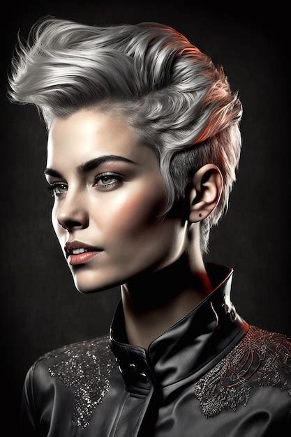 Premium AI Image Portrait Of Sensual Grey Hair Woman With Fashion Short Haircut Generative AI