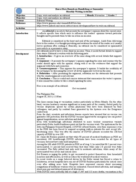 Grade 7 Compose An Editorial Pdf Newspapers Infection