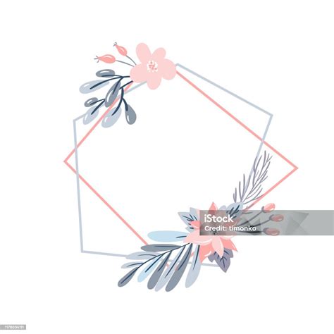 꽃다발 화환 벡터 기하학적 다각형 프레임입니다 인사말 카드에 대한 크리스마스 템플릿입니다 겨울 콘과 분홍색 꽃 텍스트에 대한 장소와 흰색 배경에 고립 겨울에 대한 스톡 벡터