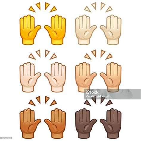 다른 분위기의 이모티콘 감성적인 손 안녕 안녕하세요 이모티콘 다양한 피부 톤의 손 세트귀여운 만화 양식화된 벡터 만화 일러스트 아이콘 흰색 배경에 격리 이모티콘에 대한 스톡