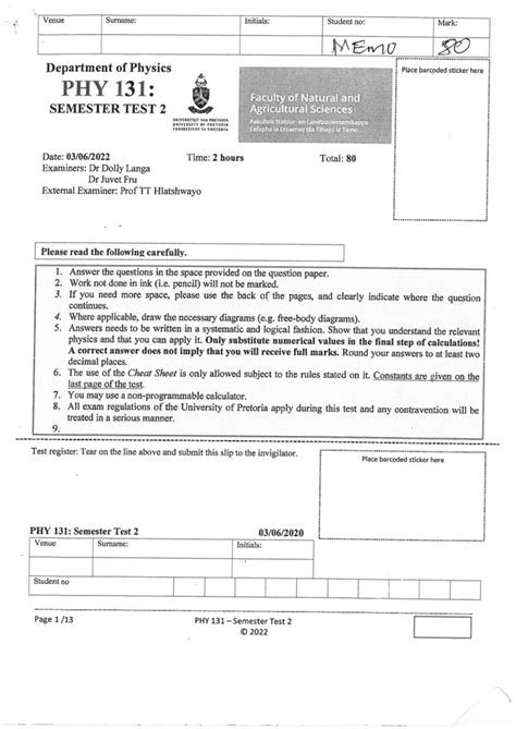 Sem Test Memo Sem Test Memo PHY Studocu