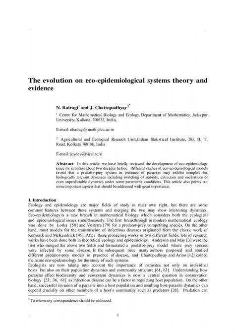 Pdf The Evolution On Eco Epidemiological Systems Theory And Evidence