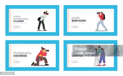 사진 카메라 방문 페이지 템플릿 세트 전문 사진 작가 크리에이티브 직업 또는 직업 사진 촬영 이미지 캡처에 대한 스톡 벡터 아트 및 기타 이미지 사진 촬영 이미지 캡처