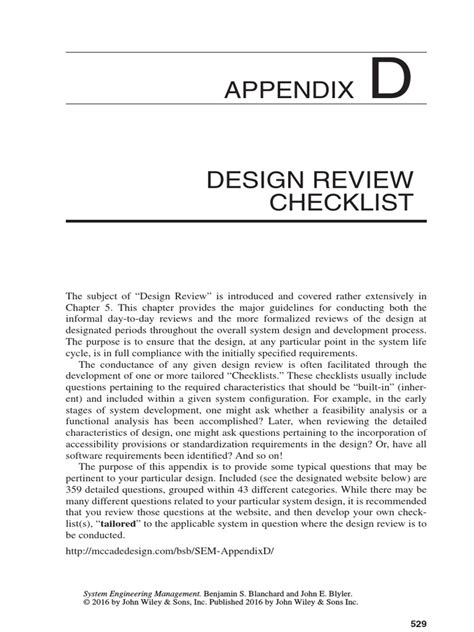 System Engineering Management 2016 Blanchard Appendix D Design Review Checklist Pdf