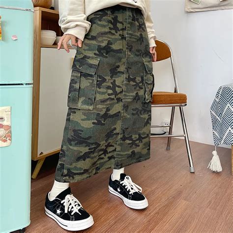 여성용 카고 롱 스커트 헐렁한 하이 웨이스트 진 하프 스커트 한국 패션 카무플라주 스커트 Y2k 의류 트렌드