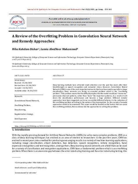 Pdf A Review Of The Overfitting Problem In Convolution Neural Network And Remedy Approaches