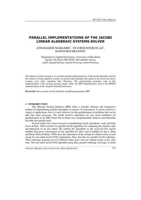 Pdf Parallel Implementations Of The Jacobi Linear Algebraic Systems