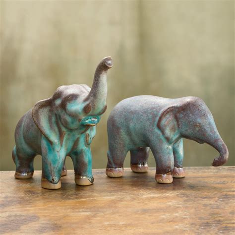 Thai Greetings Ceramic Elephant Figurines Set Of 2