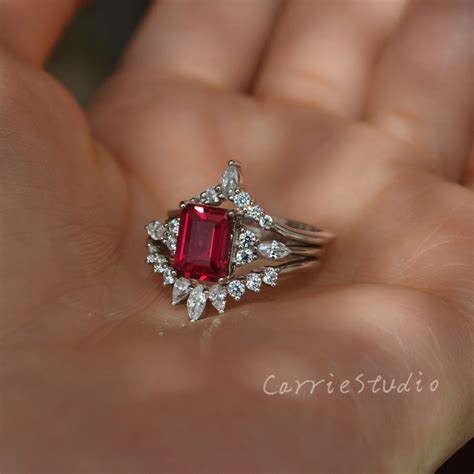 Emerald Cut Ruby Ring Set Ruby Engagement Ring Set For Etsy
