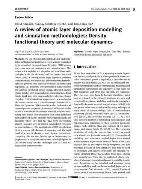 PDF A Review Of Atomic Layer Deposition Modelling And Simulation Methodologies Density
