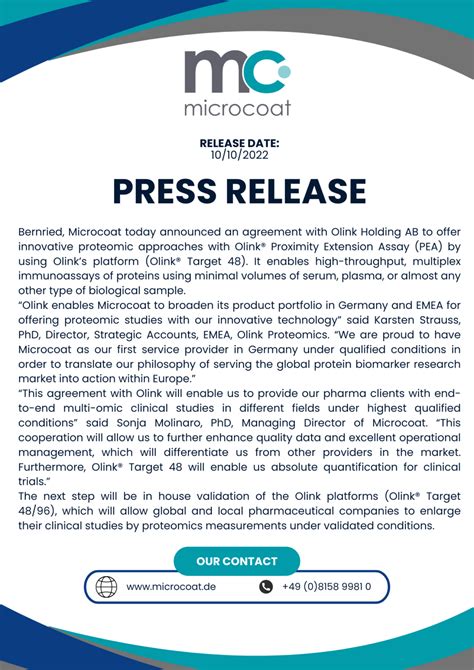 Microcoat Announces Agreement With Olink To Offer Innovative Proteomic