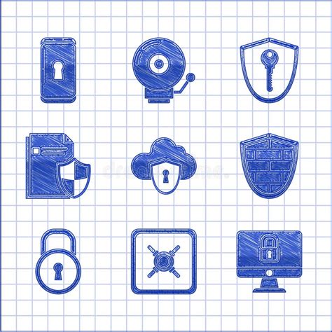 Set Cloud And Shield Safe Lock On Computer Monitor Screen Shield With Cyber Security Brick