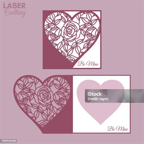 브로셔 결혼식 초대장 또는 발렌타인 데이 인사말 카드에 대한 장미와 잎 패턴 하트 접이식 카드의 레이저 컷 템플릿 결혼식에 대한