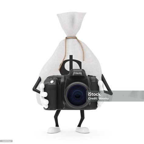 현대 디지털 사진 카메라와 함께 소박한 캔버스 리넨 돈 자루 또는 머니 백과 달러 사인 캐릭터 마스코트를 묶습니다 3d 렌더링 가득 찬에 대한 스톡 사진 및 기타 이미지