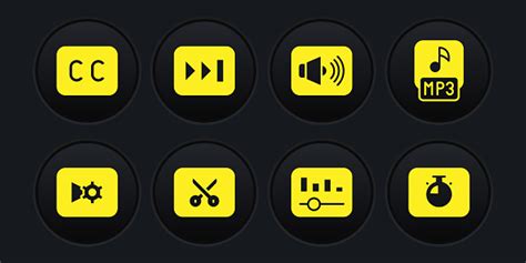 음악 또는 비디오 설정 Mp3 파일 편집 이퀄라이저 스피커 볼륨 빠른 앞으로 스톱워치 및 자막 아이콘을 설정합니다 벡터 검은색에 대한 스톡 벡터 아트 및 기타 이미지