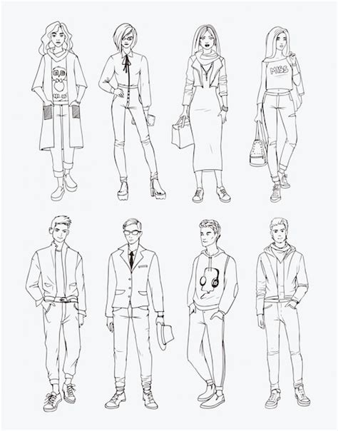 거리에서 손으로 그린 세련 된 젊은 사람들의 집합입니다 컬렉션 패션 유행 청소년 컨투어 그림 프리미엄 벡터