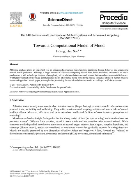 Pdf Toward A Computational Model Of Mood