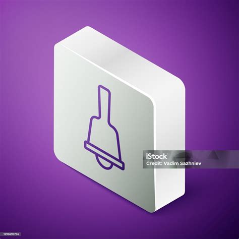 보라색 배경에 고립 된 등색 라인 메리 크리스마스 벨 아이콘 알람 기호 서비스 벨 핸드벨 기호 알림 실버 스퀘어 버튼 벡터 기민에 대한 스톡 벡터 아트 및 기타 이미지