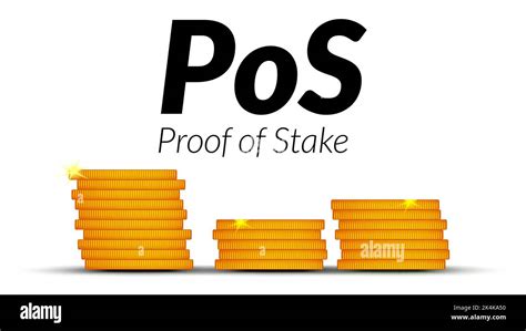 Black Text Pos Proof Of Stake With Stacks Of Coins With Shadows Isolated On White Background