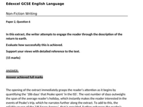 Edexcel GCSE English Language Paper Question Example Answer Teaching Resources
