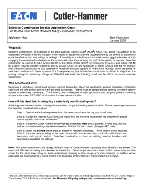 Selective Coordination Breaker Application Chart Pdf Transformer
